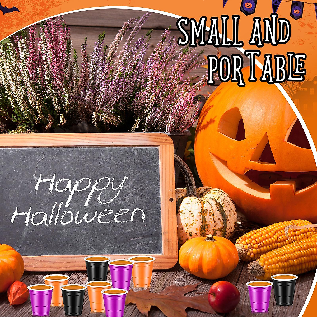 Yinkin Halloween Plastic Shot Glasses Bulk 2 oz Disposable Mini Shot Cups for Halloween Party Supplies Bachelorette Birthday Tasting Serving Samples(Black, Orange, Purple,150 Pcs)