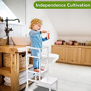 FINIKIS Toddler Step Stool Toddler Kitchen Stool, Adjustable-Height Toddler Tower Stool Kitchen Wooden Helper Step Stools for Kids, White