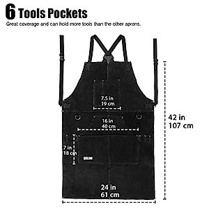QeeLink Leather Welding Apron with 6 Pockets - Heat & Flame-Resistant Apron, 24'' X 42'', Adjustable M to XXXL (Black)