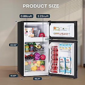 Upstreman 3.1 Cu.Ft Mini Fridge with Freezer, Double Door Mini Fridge, Dorm Essentials, Adjustable Thermostat, Energy Saving, Mini Fridge for Office, Dorm,Bedroom, Stainless