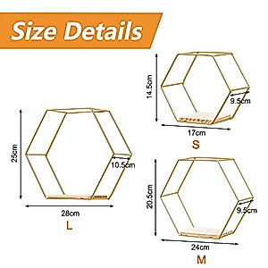 Morobor Wall Mounted Floating Hexagon Shelves,3pcs Different Sizes Metal Framed Gold Shelves with Wooden Floor for Wall Storage & Display in Modern Chic Style