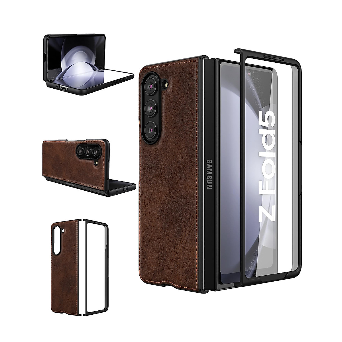 Foluu Case for Samsung Galaxy Z Fold 5, with Front Built-in Screen Protector, PU Leather + Hard PC Shell Ultra Thin Slim Durable Protective Phone Cover for Samsung Galaxy Z Fold5 5G 2023 (Brown)