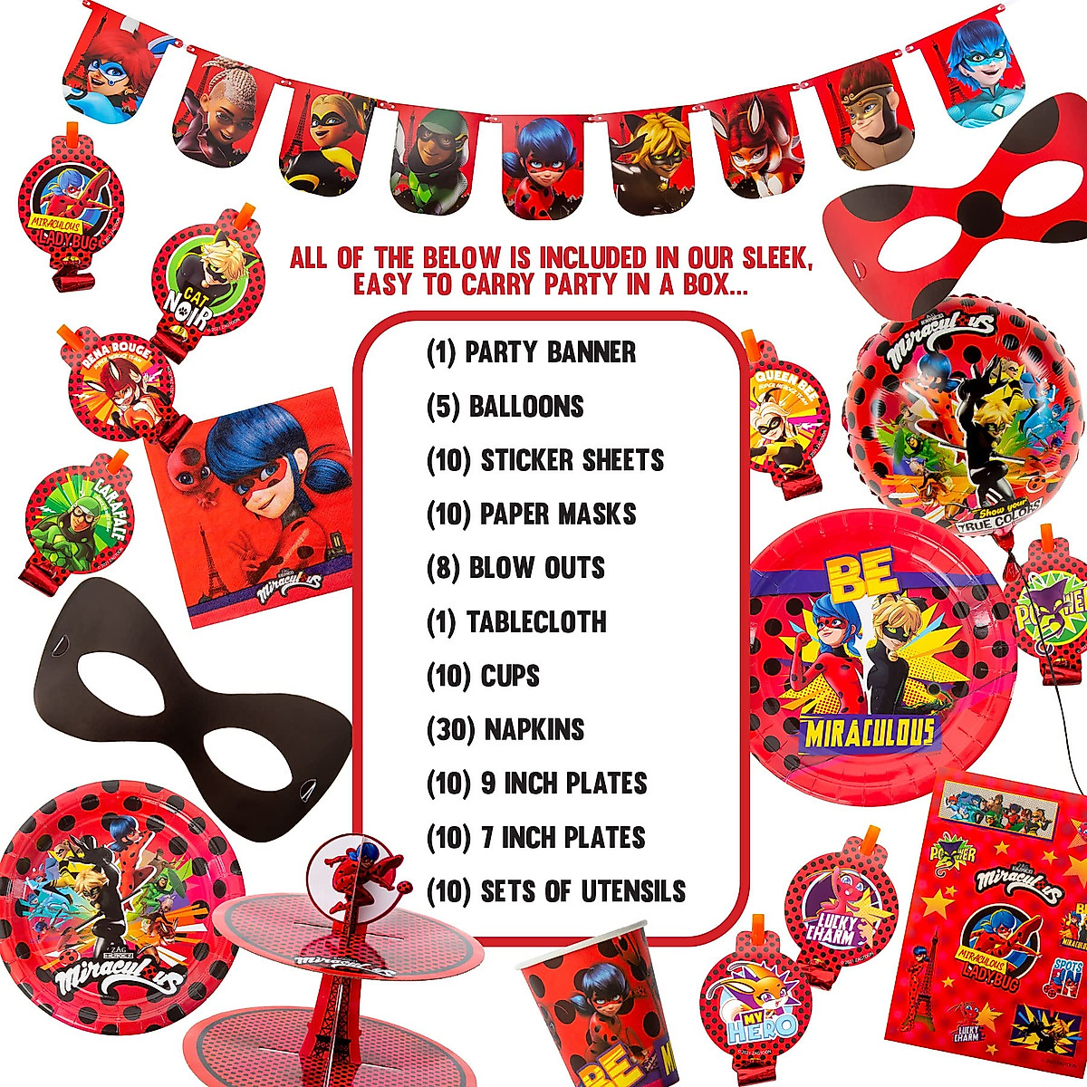 Miraculous Ladybug Party in a Box Kit - Celebration, Birthday Party, Toddlers– 100 Plus Pieces - Cat Noir - Party Supplies - Officially Licensed (Complete Kit)