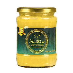 The Roast® A2 Cow Ghee Clarified Butter From Organic Pasture Raised | A2 Ghee - Gir Cow Desi Ghee | Bilona Ghee A2 Organic Grass Fed Butter | 500 ML Glass Jar