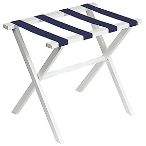 Gate House Furniture White Wood Folding Luggage Rack with Straight Legs and 4 Navy Straps
