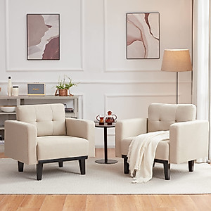 AYEASY Linen Mid-Century Modern Cream Accent Set of 2, Oversized Upholstered Single Sofa Chair Base and Wood Legs, Comfy Living Room Armchairs for Apartment Bedroom Office Study, Ivory/Beige