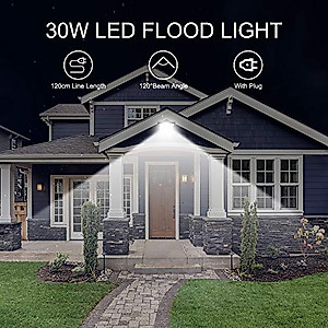 Royana 30W LED Flood Light Outdoor with Plug, IP65 Waterproof LED Work Lights, 6000K 3000LM Super Bright Security Light, Portable Daylight White Floodlight Spotlight for Yard Garden Court Lawn