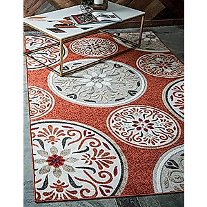 Unique Loom Modern Collection Floral, Geometric, Abstract, Bright Colors, Indoor and Outdoor Area Rug, 5 ft x 8 ft, Terracotta/Beige