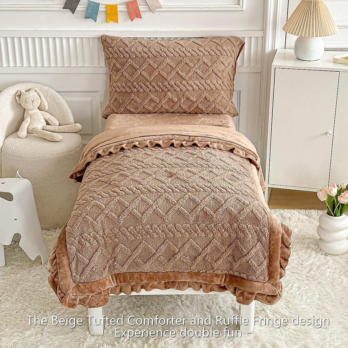 AIKASY Velvet Toddler Bedding Set 4 Piece -Jacquard Plush and Ruffled Fringe Comforter, Flat Sheet, Fitted Sheet and Pillowcase- Suitable for Boys and Girls （Coffee）