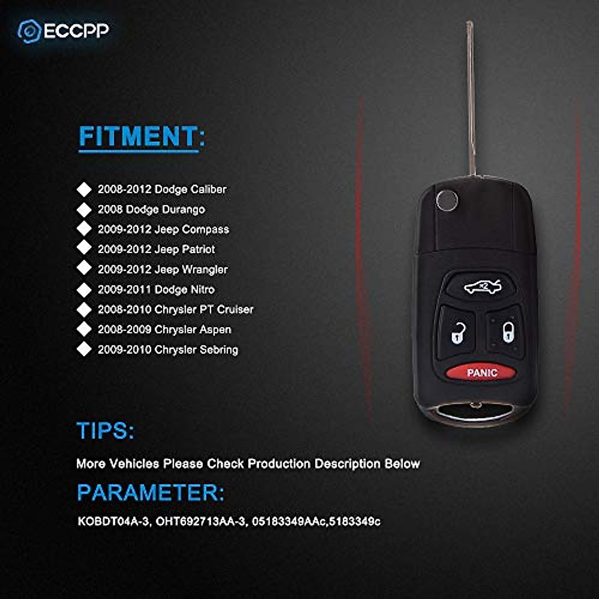 ECCPP Replacement fit for 4 Buttons Uncut Keyless Entry Remote Control Car Key Fob Shell Case 08-12 Cruiser for Jeep for Patriot for Dodge for Caliber Series 5183349c (Pack of 1)