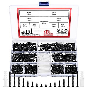 430 Pcs M3 Wood Screws Assortment Kit, Black Flat Head Self-Tapping Screws, Cross Drive Head Countersunk Head Screws Fasteners, Assorted Chipboard Cabinet Screws with 20 Plastic Wall Screw Anchors