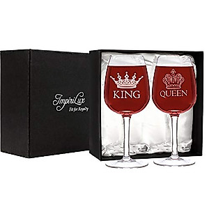 ImpiriLux King and Queen Wine Glass Set | Beautiful Gift for Newlyweds, Engagements, Anniversaries, Weddings, Parents, Couples, Christmas - Novelty Drinking Glassware