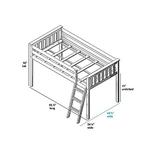 Max & Lily Low Loft Bed, Twin Bed Frame For Kids With Curtains For Bottom, White/Blue