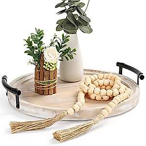 Round Wood Tray/w Wood Bead Garland - 13" Decorative Trays for Home Decor - Round Wooden Tray with Handles - Wooden Round Tray for Kitchen Counter.
