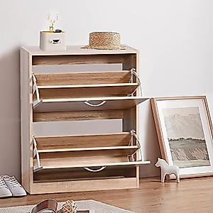 SSLine Shoe Cabinet,Shoe Rack Storage Organizer with 2 Flip Drawers,Entryway Narrow Shoe Storage Cabinet for Narrow Closet, Entryway, Living Room (Natural,2-Tier-2)