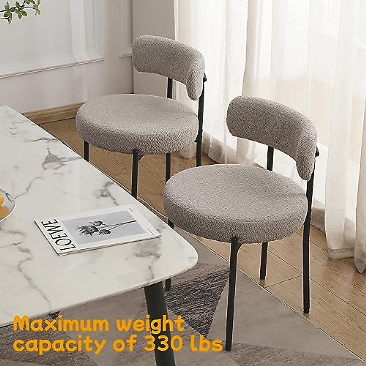 EDWELL Boucle Dining Chairs Set of 2, Round Upholstered Dining Chairs with Black Metal Legs, Modern Dining Room Chairs for Dining Room, Kitchen, Living Room