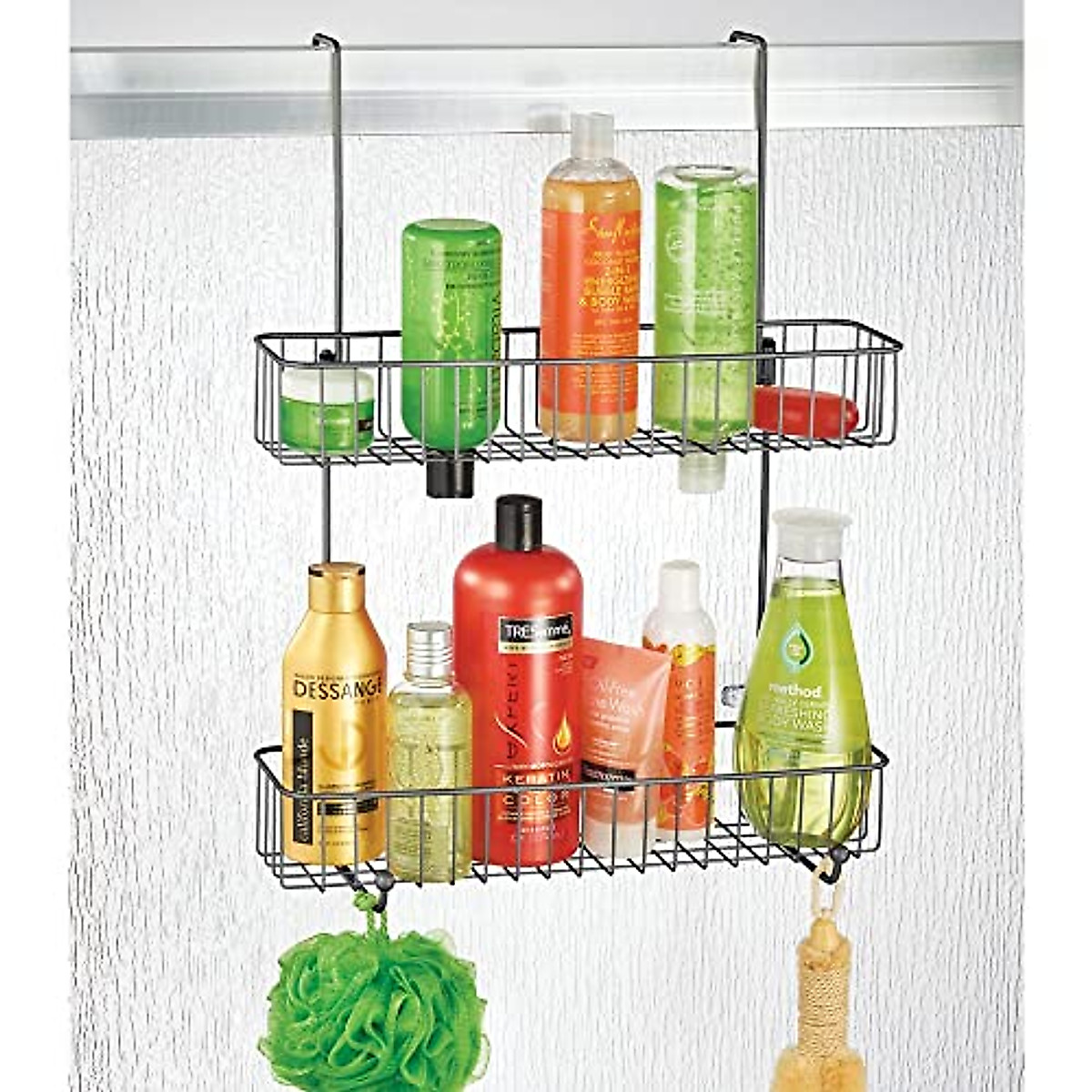 mDesign Extra Wide Metal Wire Over The Bathroom Shower Door Caddy, Hanging Storage Organizer Center with Built-in Hooks and Baskets on 2 Levels for Shampoo, Body Wash, Loofahs - Graphite Gray