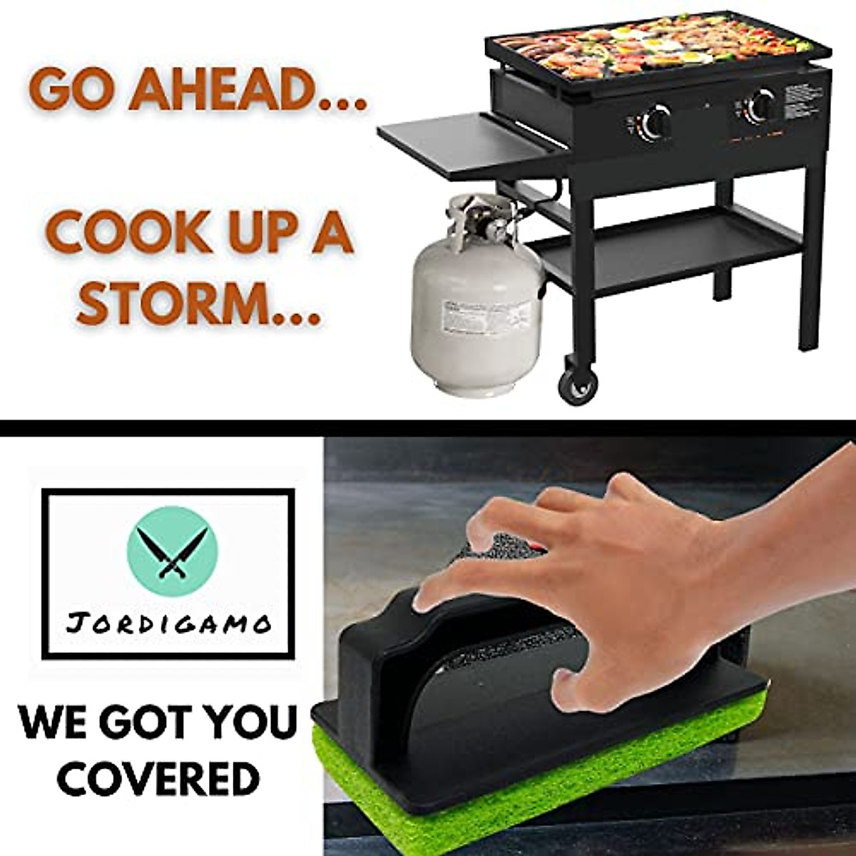 JORDIGAMO Griddle Cleaning Kit - 25 Piece Cast Iron/Flat Top Grill Scrubbing Tools Set, Metal Dough Scraper, 20 Scouring Pads with Handle, 3 BBQ Grill Brick, Ideal for Blackstone & Camp Chef Griddles