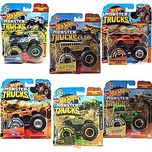 Hot Wheels Monster Trucks Crushable Car Set of 6 Diecast Vehicles with Bigfoot 45, Dodge Charger, Camaro and More