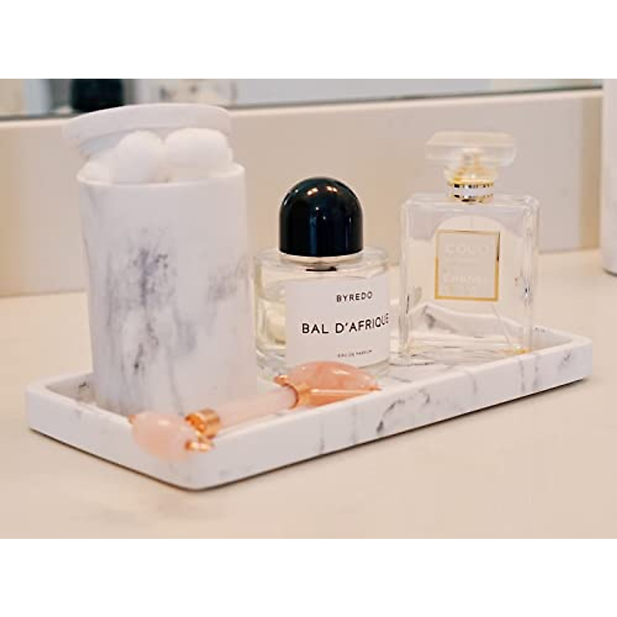 8 PCS White Marble Resin Bathroom Accessory Set, Modern Marble Bathroom Set - Bathroom Soap Dispenser and Toothbrush Holder Set, Tumbler, Soap Dish, Cotton Jar, Amenity Tray, Tissue Box & Waste Basket