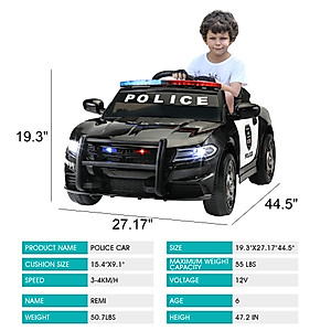 TOBBI 12V Kids Police Car Ride on with Remote Control, Battery Powered Vehicle Electric Car for Kids w/Siren Flashing Light, Megaphone, Car Keys, USB, Music, Spring Suspension, Pull Rod, Black