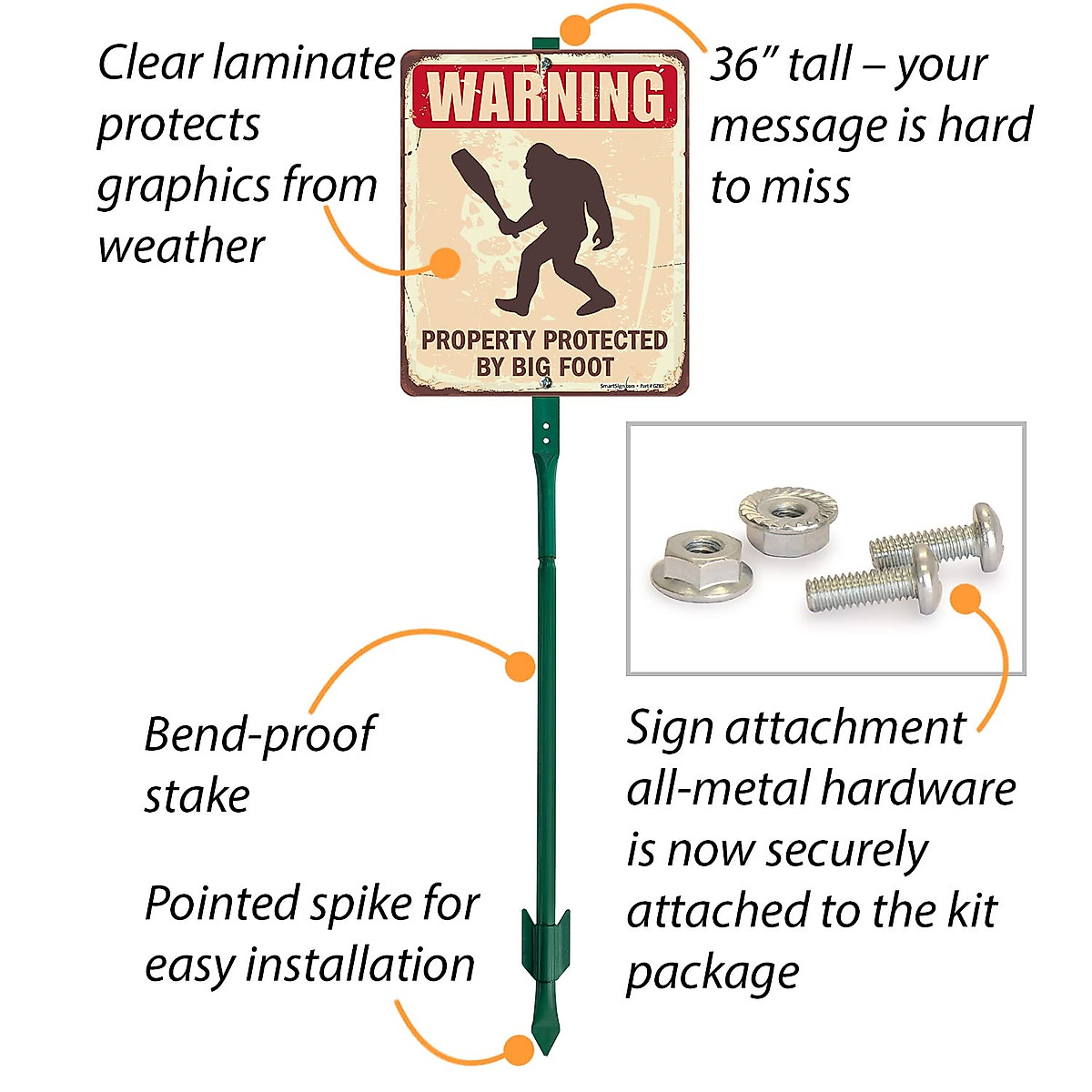 SmartSign 12 x 10 inch “Warning - Property Protected By Big Foot” Yard Sign with 3 foot Stake, 40 mil Aluminum, 3M Laminated Engineer Grade Reflective Material, Red and Brown, Set of 1, USA-Made
