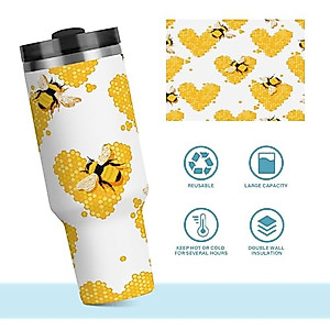 pnyoin Honey Bee Yellow Insulated Tumblers With Handle And Straw 30 oz Stainless Steel Tumbler Cups With Lid Leakproof BPA-Free Water Bottle,Cup Holder Compatible for Travel