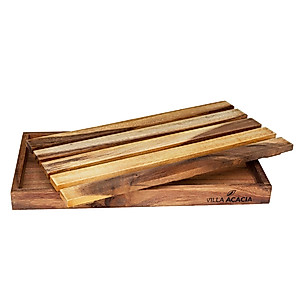 Villa Acacia Wood Bread Board - 12 x 7 in Handcrafted Wooden Cutting Board Slicer Tray with Handle﻿ Medium