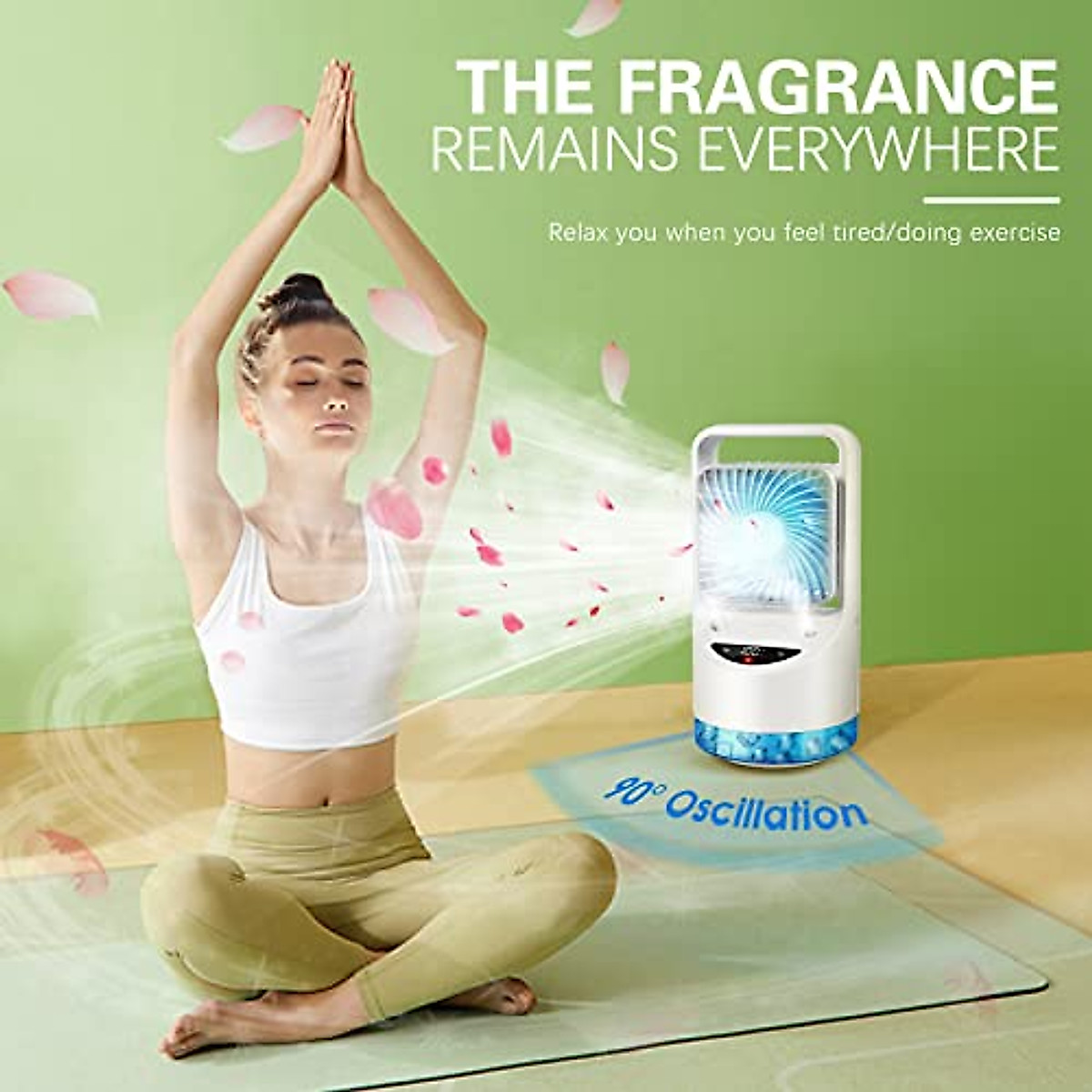 HeaBoom 90° Auto Oscillation Portable Air Conditioner, 4000mAh Rechargeable Evaporative Cooler Humidifier, Mini Conditioner with 7 Color Lights, Aroma Discs, Desk Cooling Fan, White