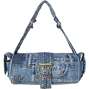 Bijoux De Ja Upcycling Blue Denim Jeans Punk Brass Rivet Studded Buckle Belt Decorative Barrel Shoulder Handle Handbag Purse