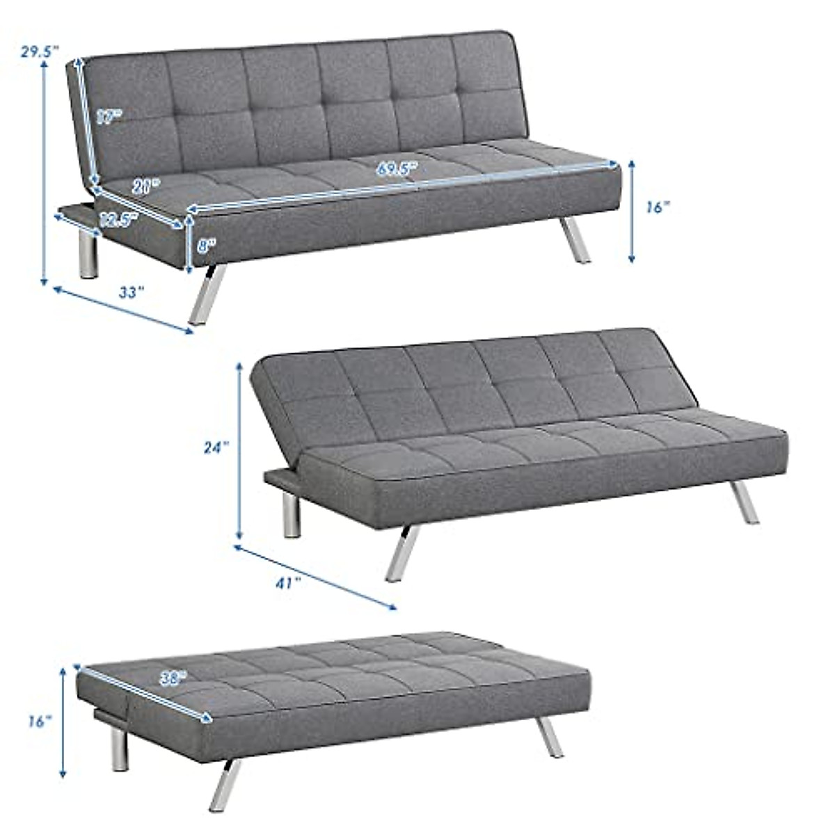 JFUYJK Convertible Futon Grey Linen Fabric Sofa Bed Adjustable Sleeper with Stainless Steel Legs