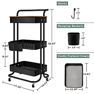 LING RONG 3-Tier Utility Rolling Metal Storage Cart,Heavy Duty Multifunction Cart with Lockable Wheels,Cover,4 Hooks 2 Storage Boxes for Kitchen Living Room Office Bathroom (U-Shaped Armrest, Black)