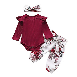 Kuriozud Newborn Infant Baby Girl Fall Winter Clothes Ruffle Ribbed Romper Tops Floral Pants Headband Outfit 2 Piece Set (red, 3-6 Months)