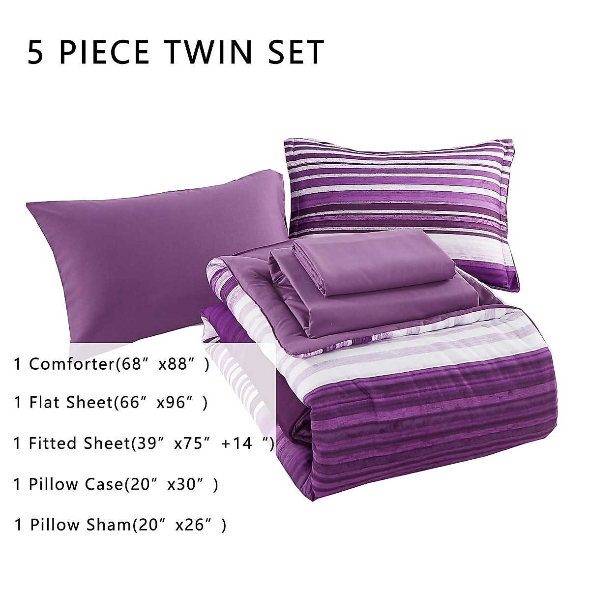 KAKIJUMN 5 Piece Bed in a Bag Stripe Comforter Set Twin Size, White and Purple Patchwork Striped Comforter and Sheet Set, All Season Soft Microfiber Complete Bedding Sets(Purple,Twin)