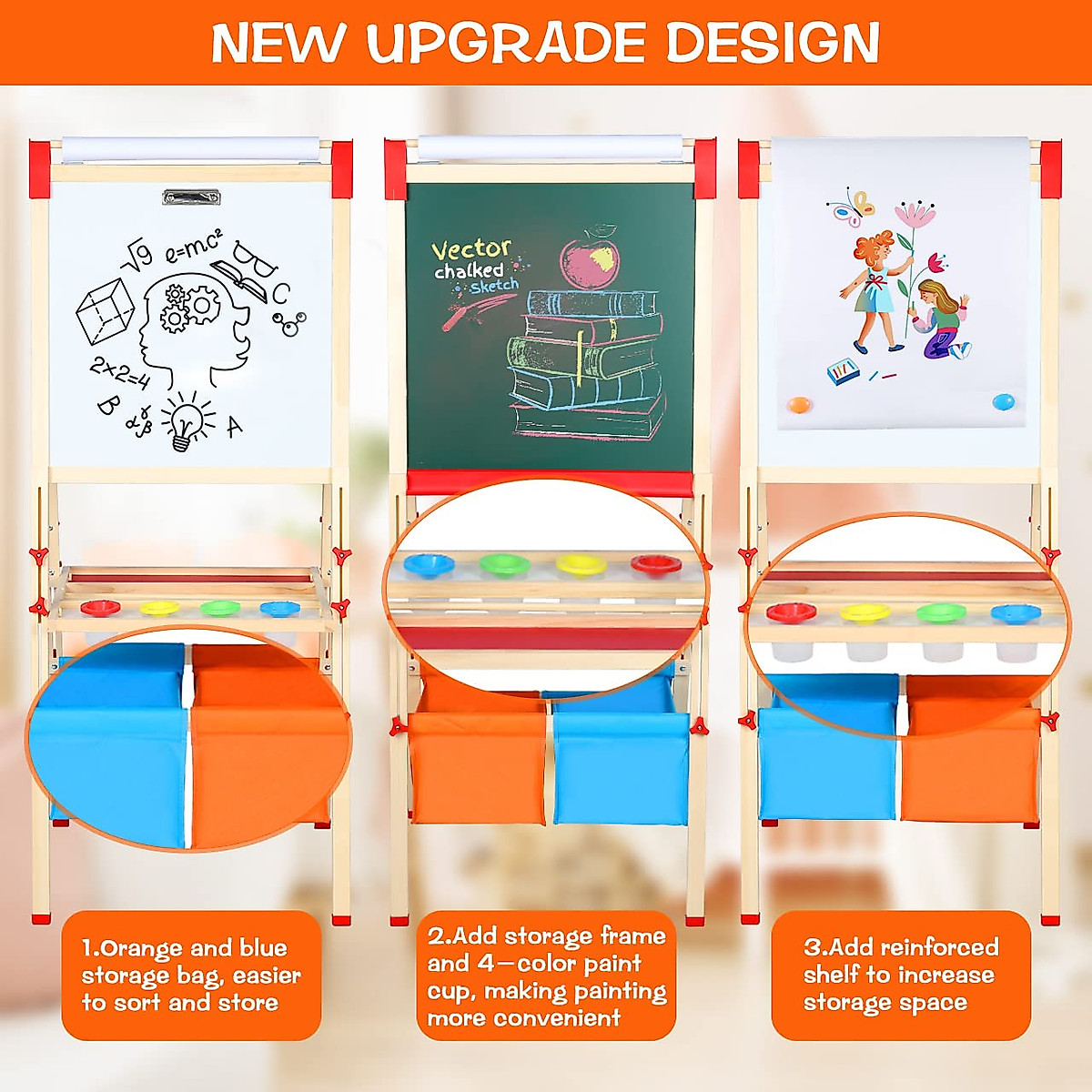 Kids Wooden Easel with Paper Roll, Fixget Upgrade Double-Sided Whiteboard & Chalkboard Standing Easel, Art Easel with Numbers Magnetic Accessories Art and Craft Set Painting Drawing Gifts for Toddler