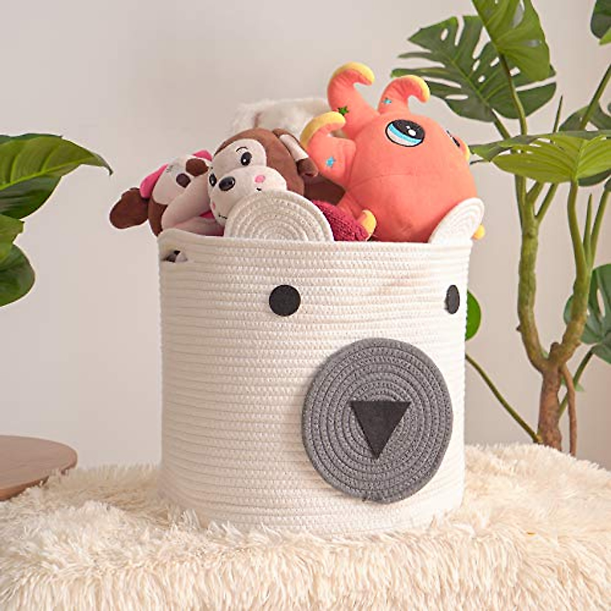 VK Living Cotton Rope Bear Animal Basket Foldable Large Woven Storage Basket Baby Nursery Cute Laundry Hamper for Toys,Blanket, Towels Clothes in Bedroom Living Room White