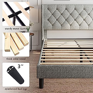 iPormis Queen Bed Frame Upholstered Wingback Platform Bed Frame with Diamond Button Tufted Headboard, 8" Under-Bed Space, Sturdy Wooden Slats, Noise-Free, No Box Spring Needed, Light Gray
