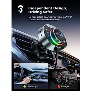 Bluetooth 5.3 FM Transmitter for Car - SOOMFON Bluetooth Car Adapter with Big Mic Bass Stereo Hi-Fi Sound, PD30W QC18W FM Bluetooth Transmitter Car Charger Support Hands-Free Calls, Aux Out, TF Card