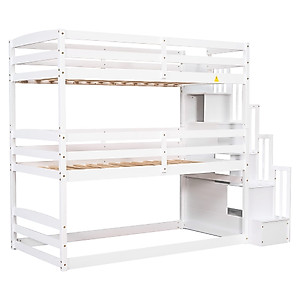 Harper & Bright Designs Wood Triple Bunk Bed with Storage Staircase, Wooden Floor Bunk Beds 3 Beds in 1 for Kids, Detachable Triple Bed Can Convertible into Twin Bunk Beds & Loft Bed, White