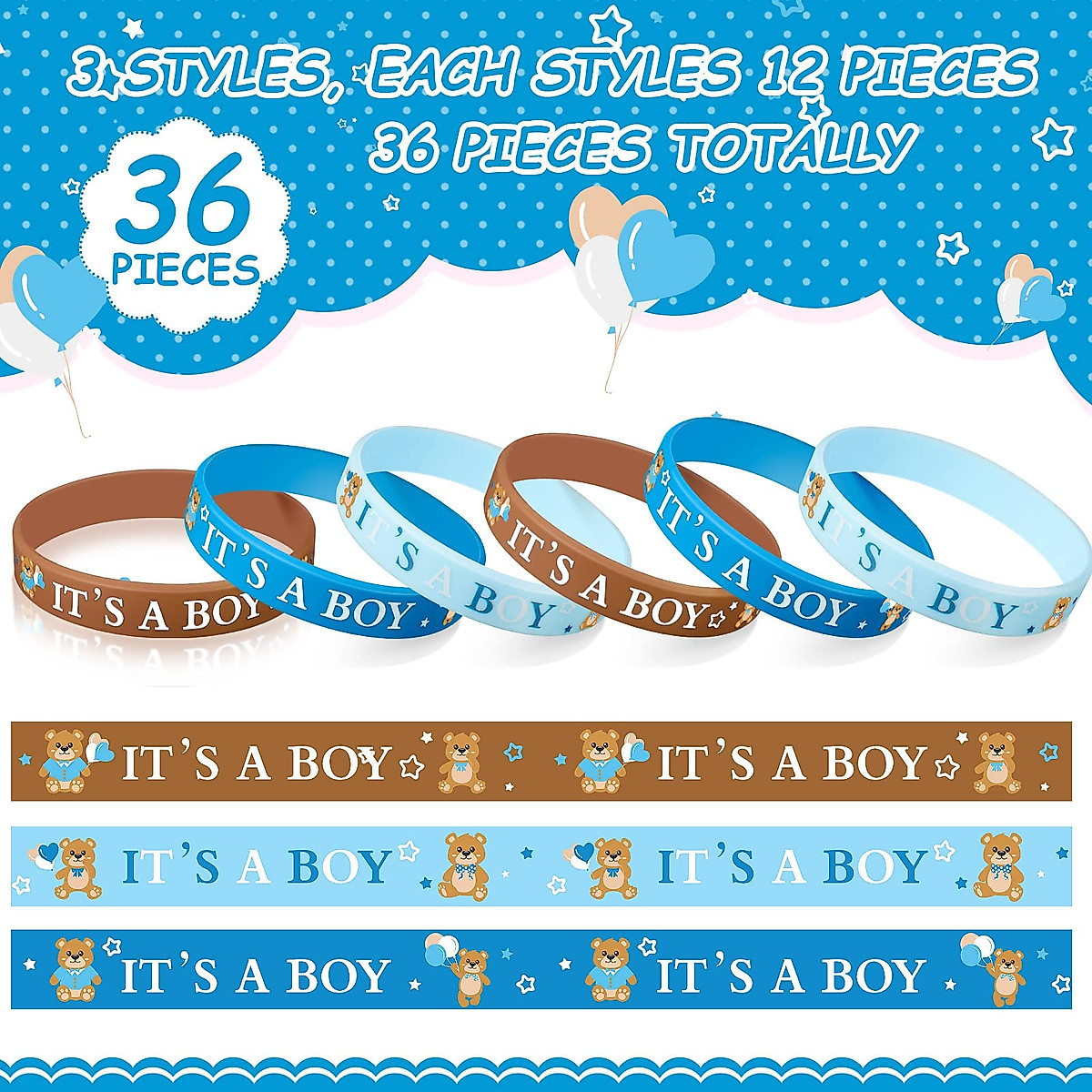 Zomiboo 36 Pieces Baby Shower Rubber Bracelets, It's a Boy It's a Girl Wristbands Elephant Baby Shower Decorations for Boy Girl Baby Shower Party Favor Gender Reveal Party Supplies (Bear Style)