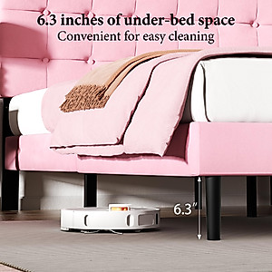UNIZONE Full Size Bed Frame with Button Tufted Upholstered Headboard, Velvet Platform Bed with Wood Slats Support, Mattress Foundation, No Box Spring Needed, Easy Assembly, Pink