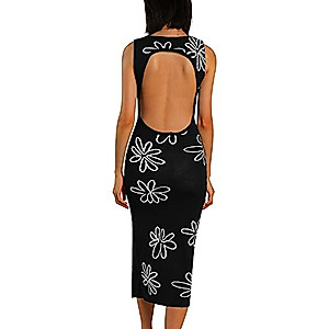 Women Knitted Mixi Dress Print Knit Bodycon Y2k Dress Hollow Out Midi Dresses 2022 Summer Beach Dress E Girl Streetwear (Black, S)