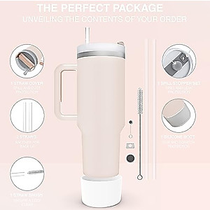 40oz Insulated Tumbler with Handle and Straw, Improved Leakproof Multifunctional Lid with Spill Stopper, Travel Mug for Hot & Cold Beverages with Cup Boot, Straw Cover & Straw Brush (Rose Blush)