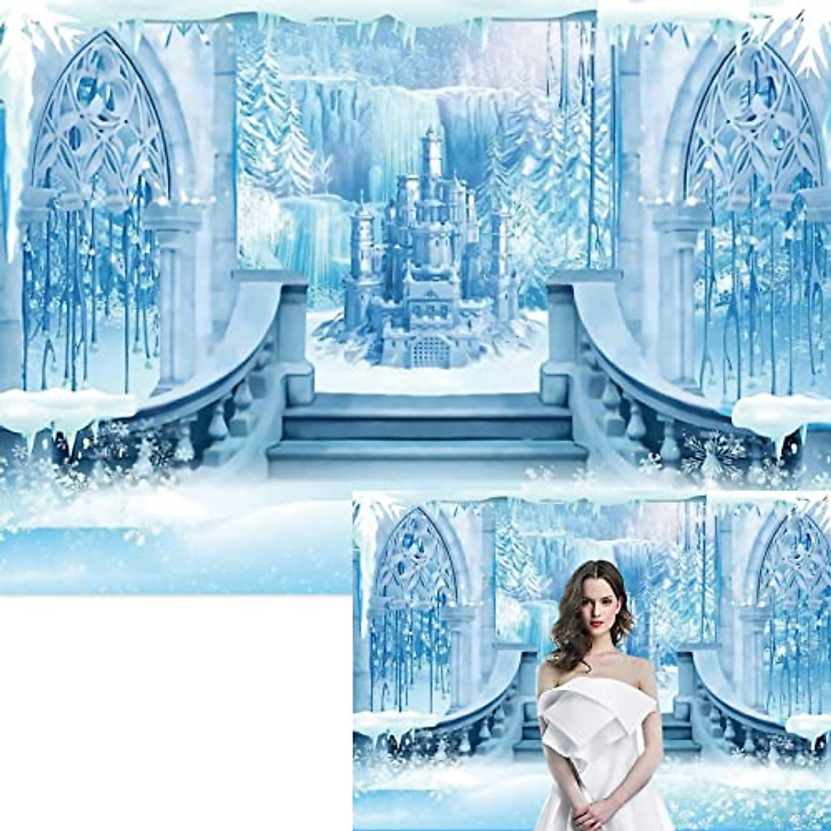 7x5ft Winter Castle Photography Backdrop,Winter Wonderland Frozen Castle Backdrops,Ice Castle Frozen Snowflake Photography Banner Winter Frozen Party Supplies Backdrop