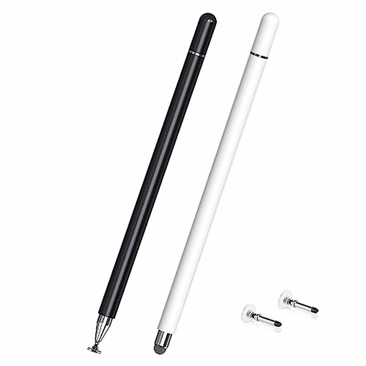 Stylus Pens for Touch Screens (2 Pcs), 2 in 1 Magnetic Disc & Fiber Tip Stylus Pen for iPad with Magnetic Cap, Compatible with All Touch Screens - Free Replacement Disc Tips, Black and White