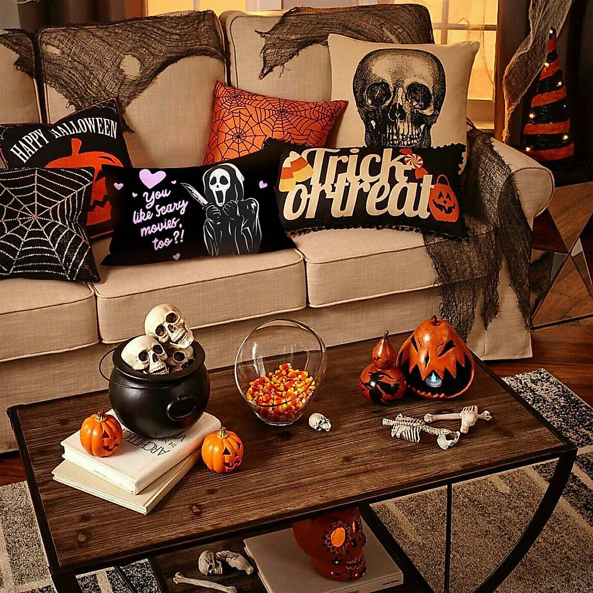 Snycler You Like Scary Movies Too Pink Ghost Scary Face Throw Pillow Cover Set of 2 Black Pillowcase Horror Halloween Valentine's Day Gifts Decoration for Sofa Bedroom Birthday Party Supplies 12x20