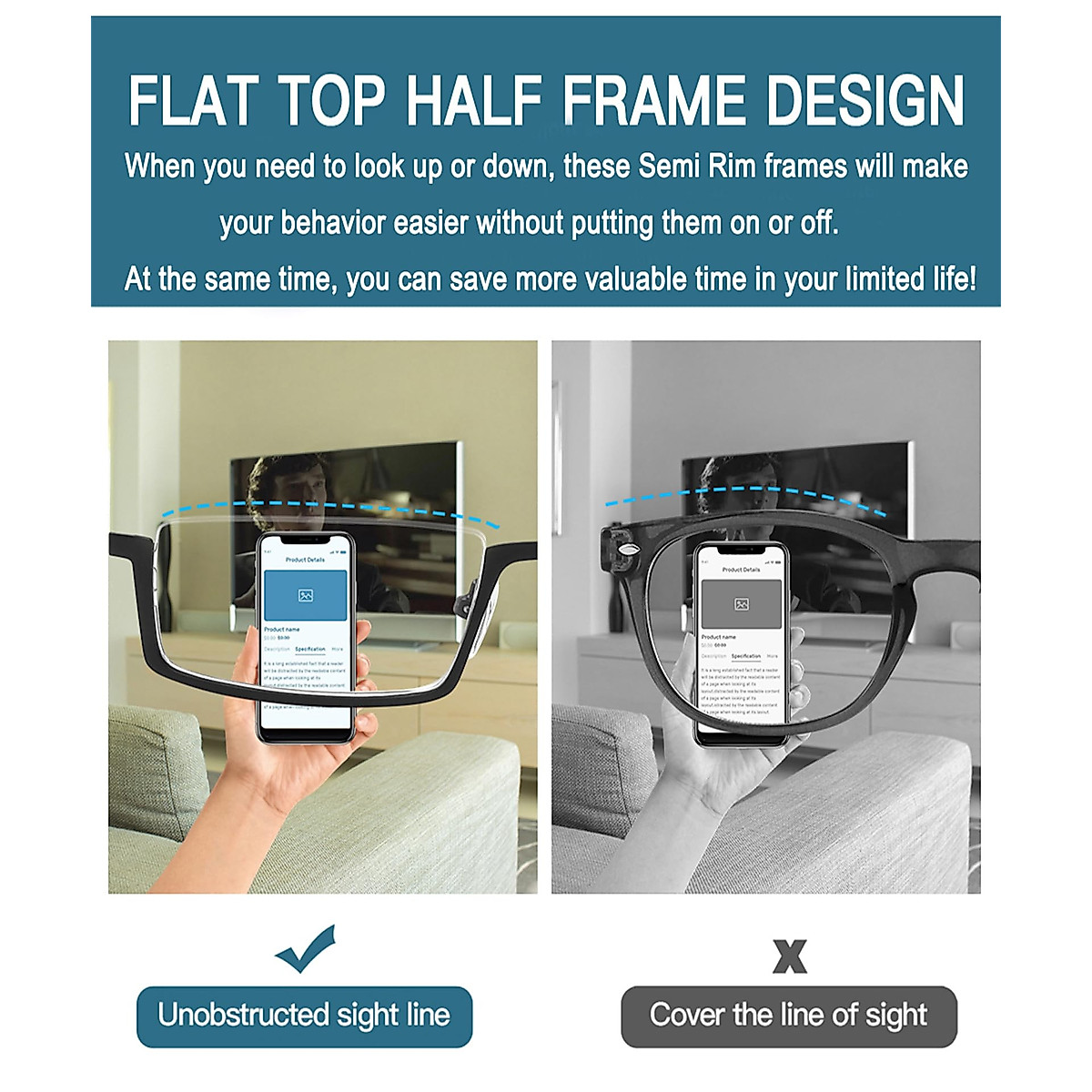 SDPIQDS 2 Pairs Half Moon Frame Reading Glasses Blue Light Blocking,Semi Rim Spring Hinge Metal Readers with Cases Women Men 2.0X