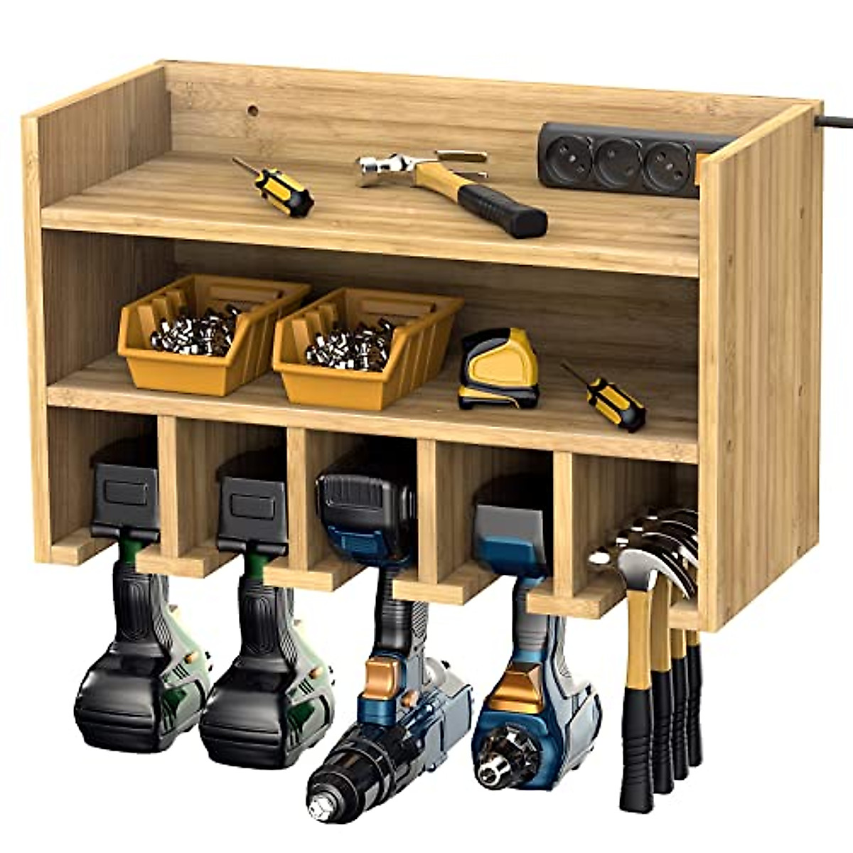 Purbambo Power Tool Organizer Wall Mounted, Bamboo Drills Shelf Rack with Charging Station and 5 Hanging Slots, Power Tools Storage Cabinet