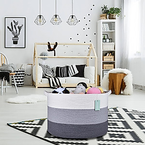 BOSROTY Extra Large Blanket Basket 87L, Laundry Hamper, Baby Nursery Hamper, Large Laundry Basket For Girls Boys, Cotton Rope Basket, Clothes Basket Laundry, 22”x 14”, White & Gray