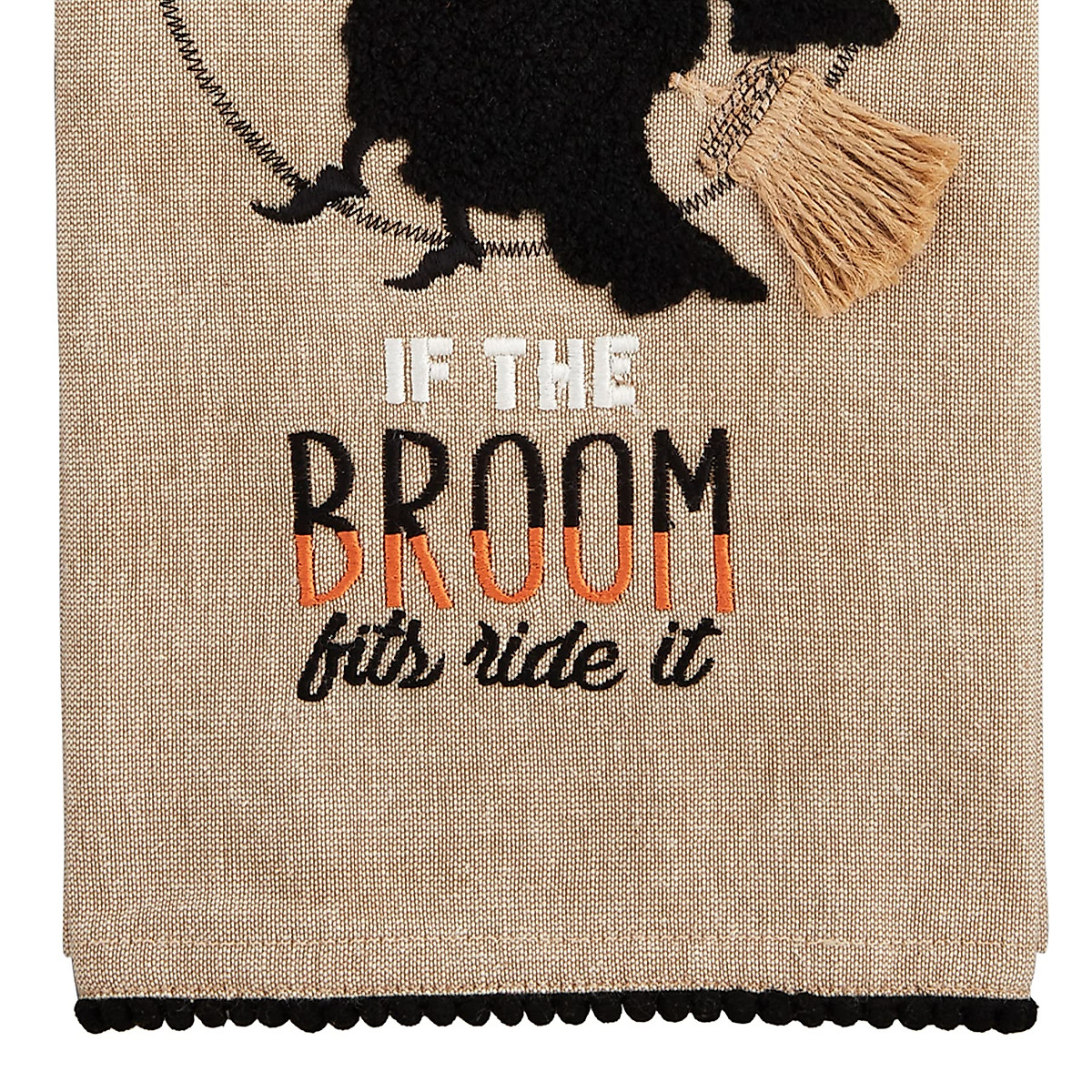 Mud Pie Halloween Embellished Tea Towel, Broom, 26" x 18"
